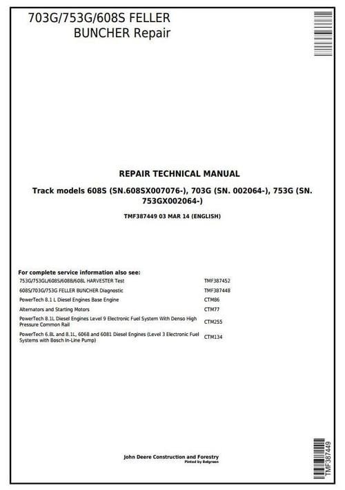 John Deere 703G,753G,608S, Feller Buncher Service Repair Technical ...